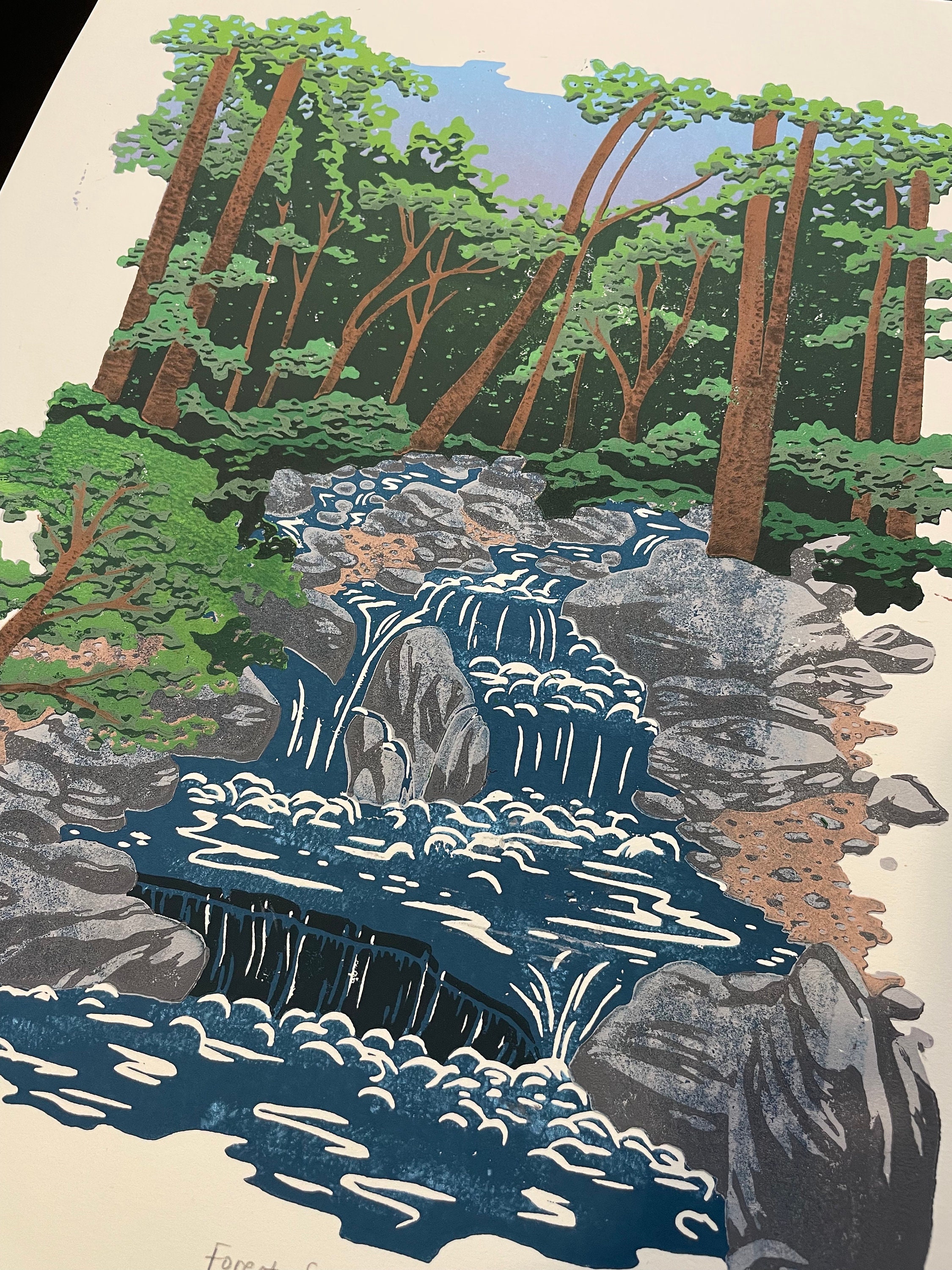 Forest Stream Linocut Print / Woods and River Art Print - Etsy