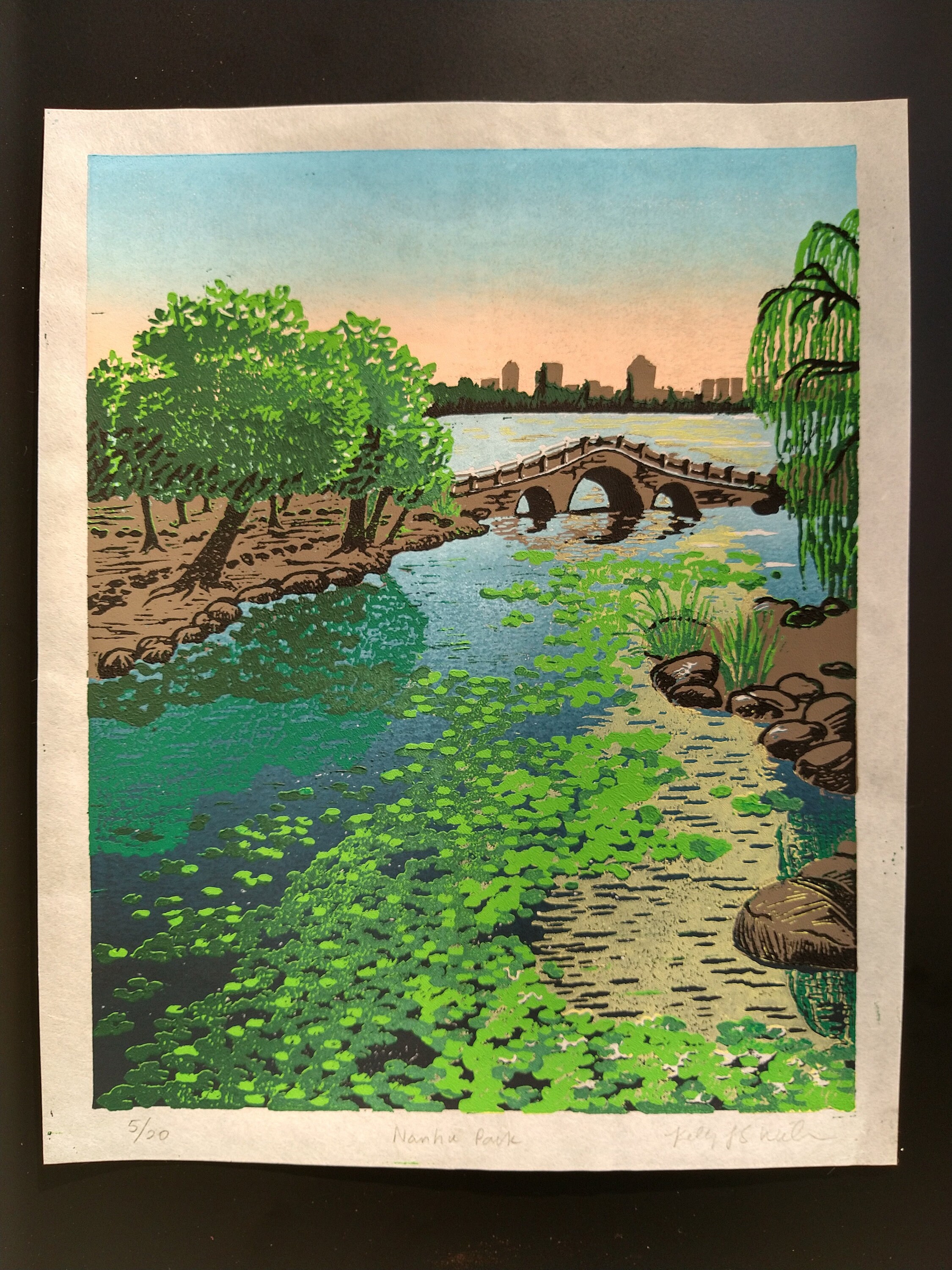 Moon Bridge Lake Linocut Print / Chinese Park Landscape Art - Etsy ...