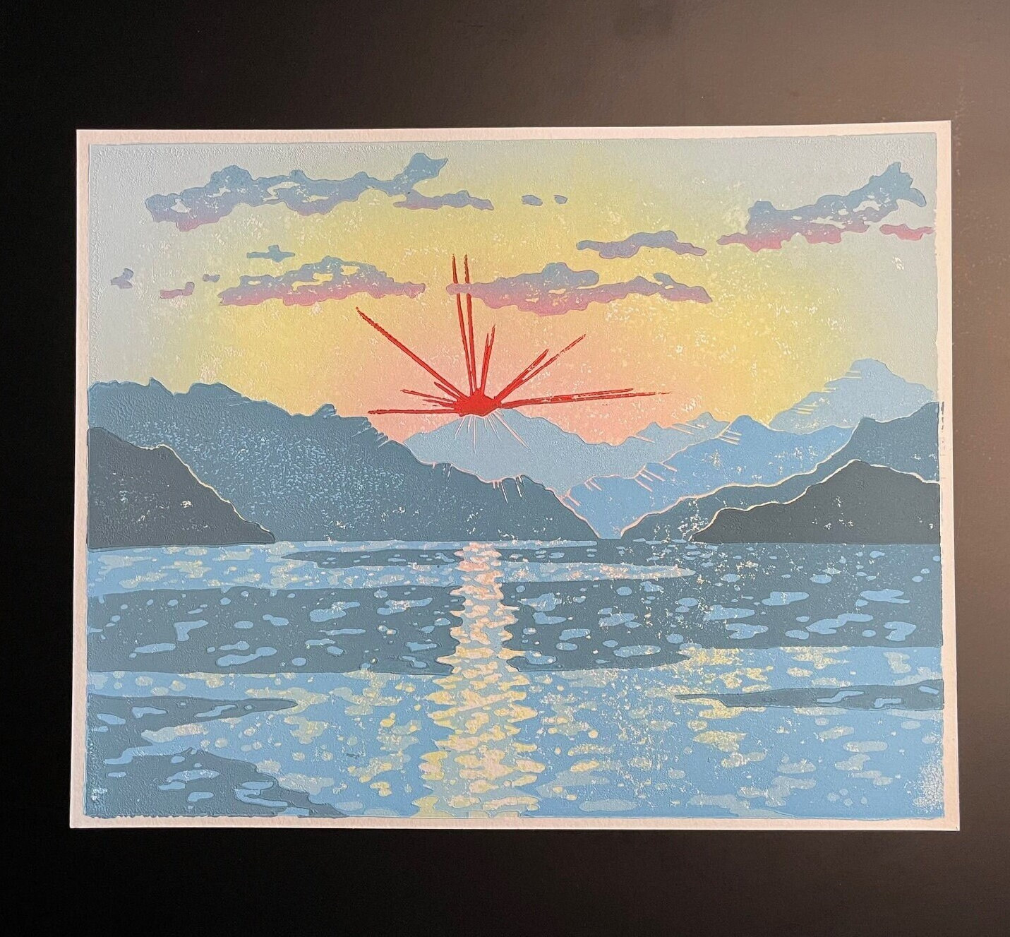 Mountain Sunrise Linocut Print / Mountain Lake Art Print - Etsy