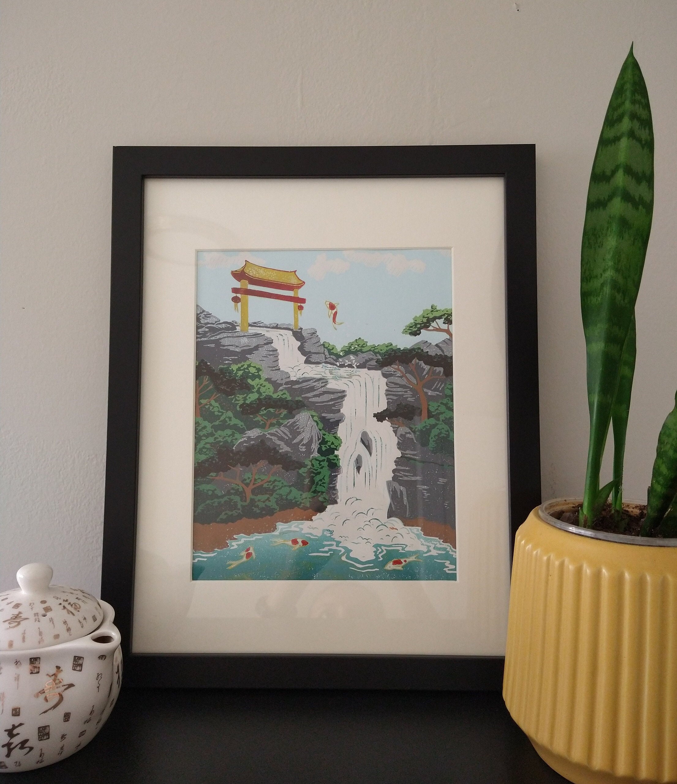 Waterfall Gate Linocut Print: Chinese Koi Fish Art - Etsy