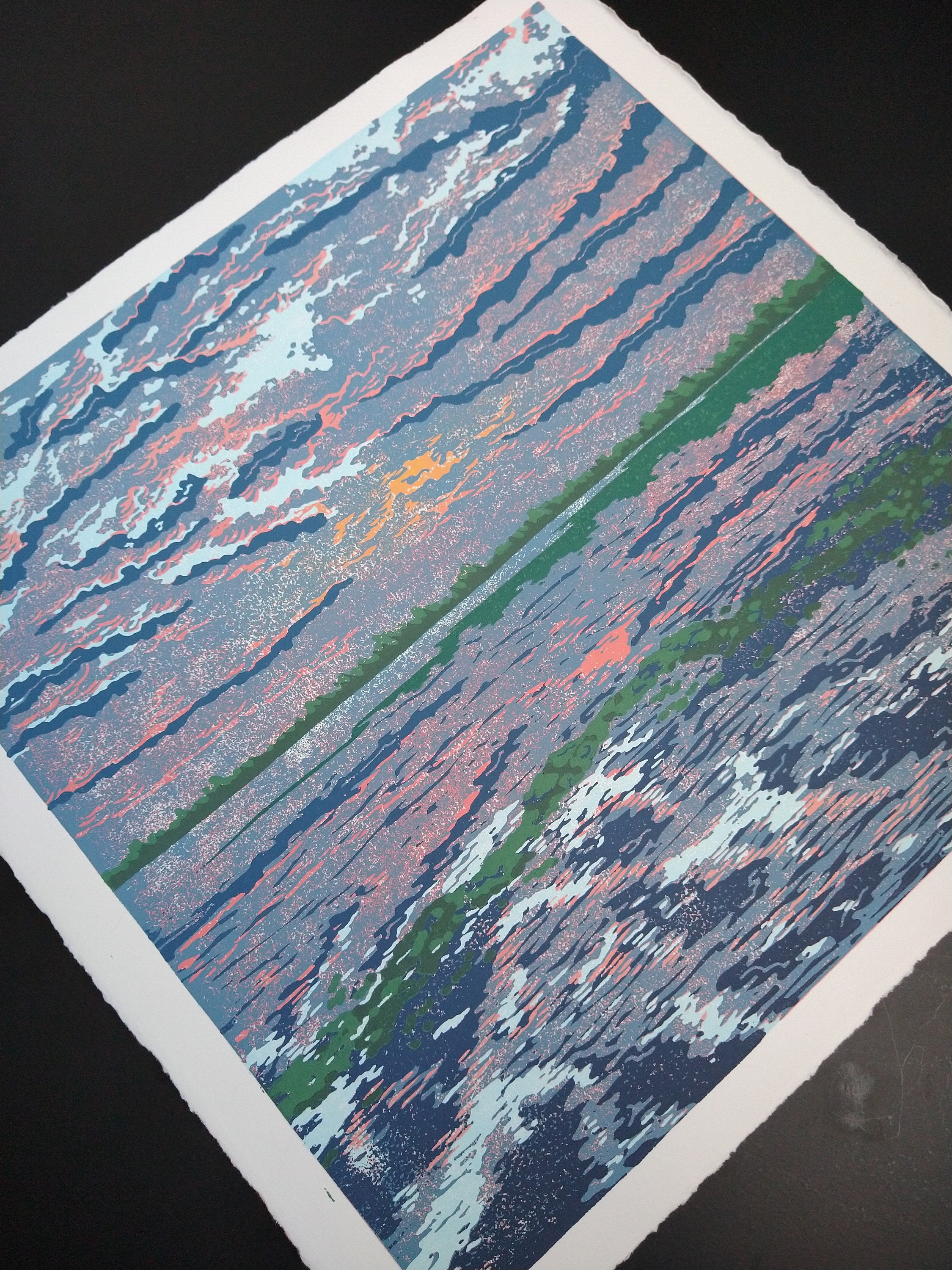 Sunset Lake Linocut Print / Lake Reflecting Clouds Art Print - Etsy