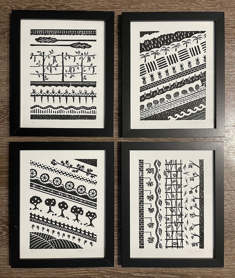Geometric Nature Linocut Prints / Nature Art Print Set of 4 - Etsy