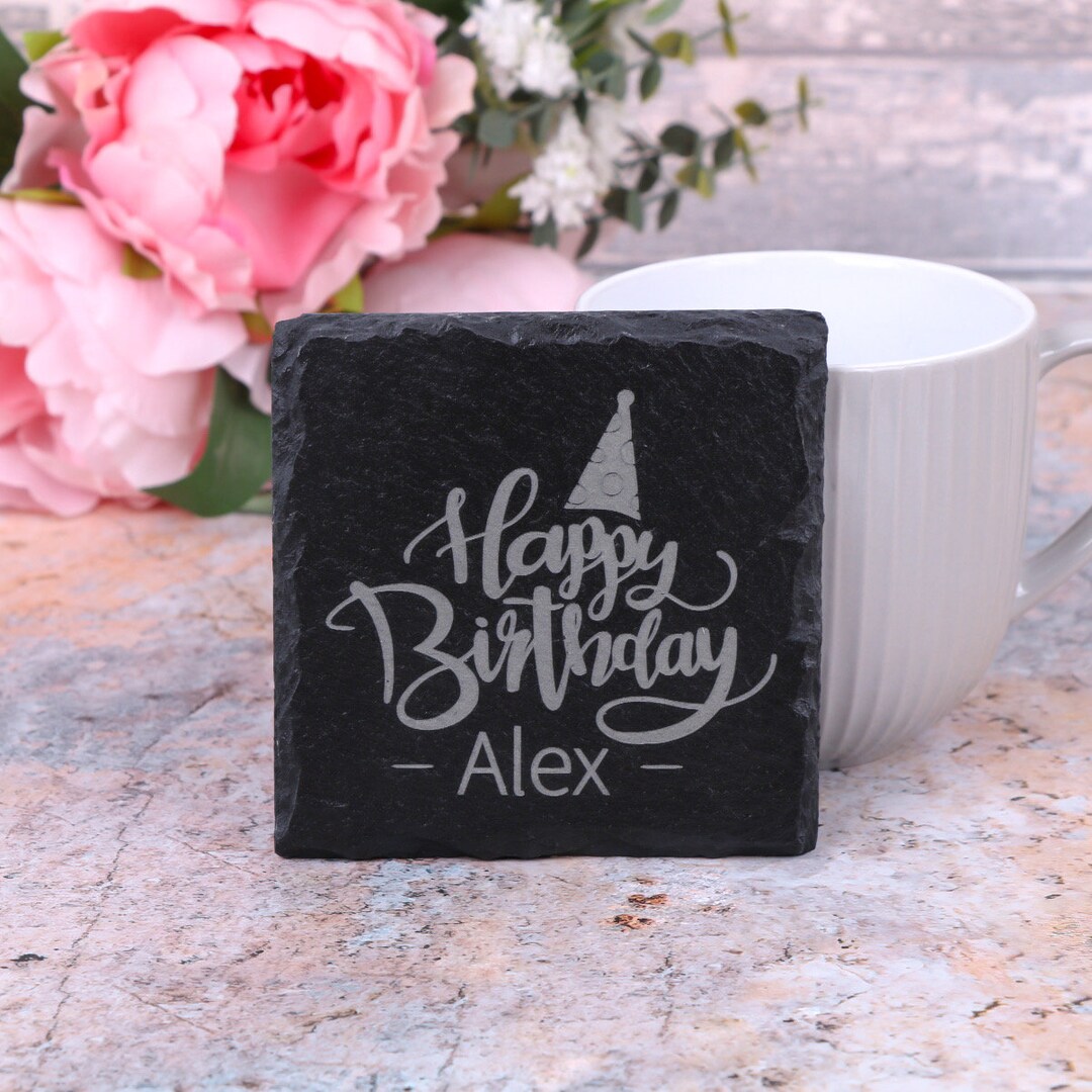 Personalised Engraved Happy Birthday Slate Coaster, Custom Birthday ...