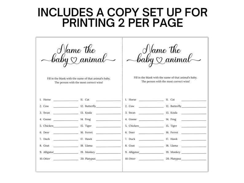 Baby Animal Game, Name the Baby Animal Baby Shower Game Printable - Etsy