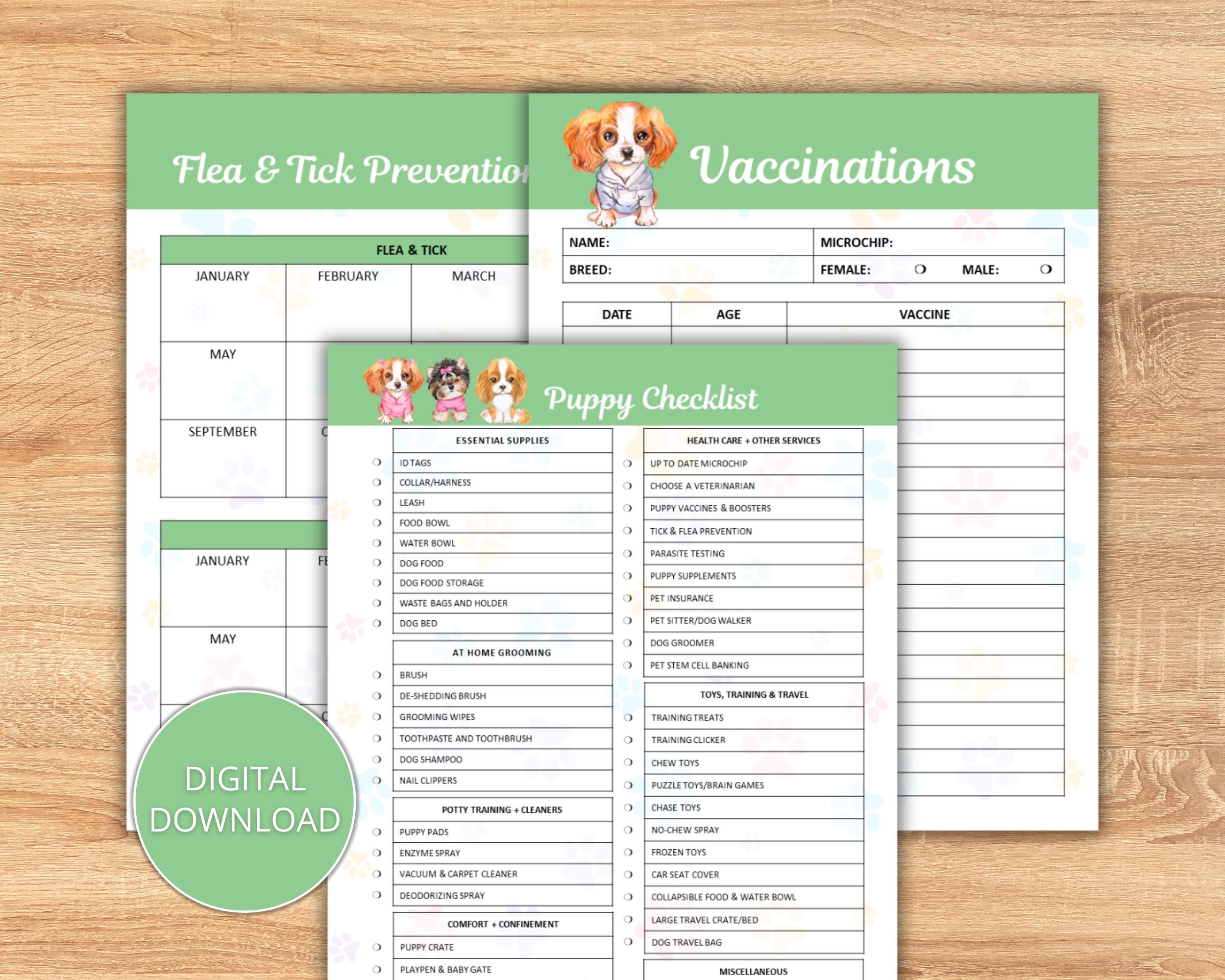 Printable Puppy Checklist, Puppy Vaccination Tracker, Puppy Flea and ...