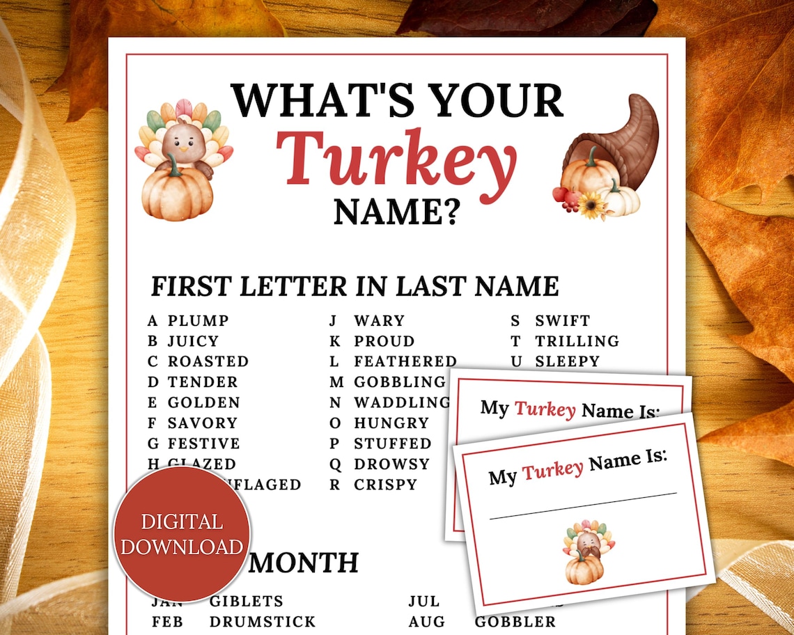 What's Your Turkey Name Game, Thanksgiving Games for Family, Fun ...