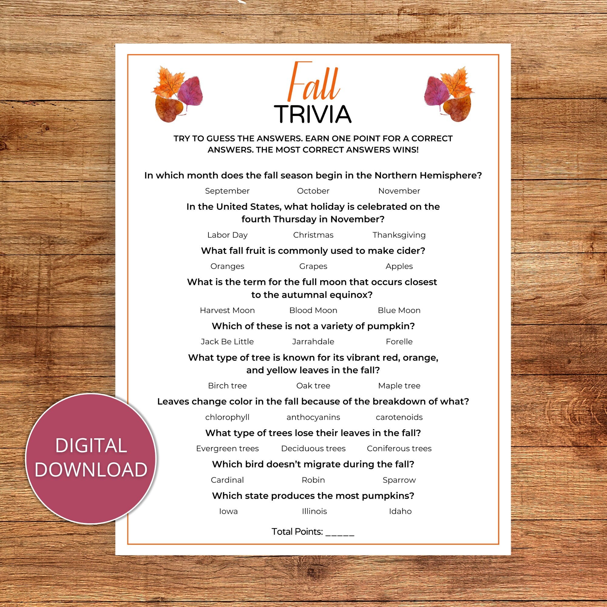 Fall Trivia Game, Autumn Trivia Game, Fall Printable Game, Instant ...