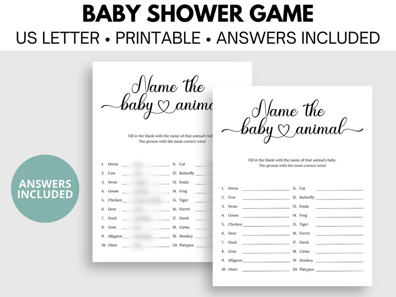 Baby Animal Game, Name the Baby Animal Baby Shower Game Printable - Etsy