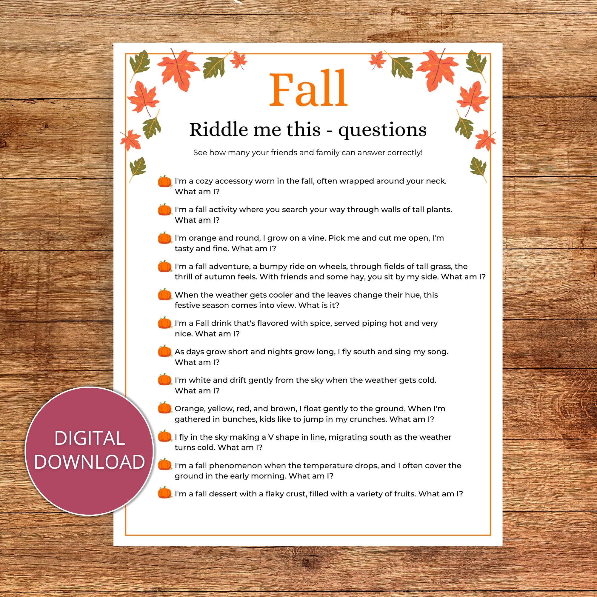 Fall Riddle Me This, Fall Party Game, Fall Group Game, Instant Download ...
