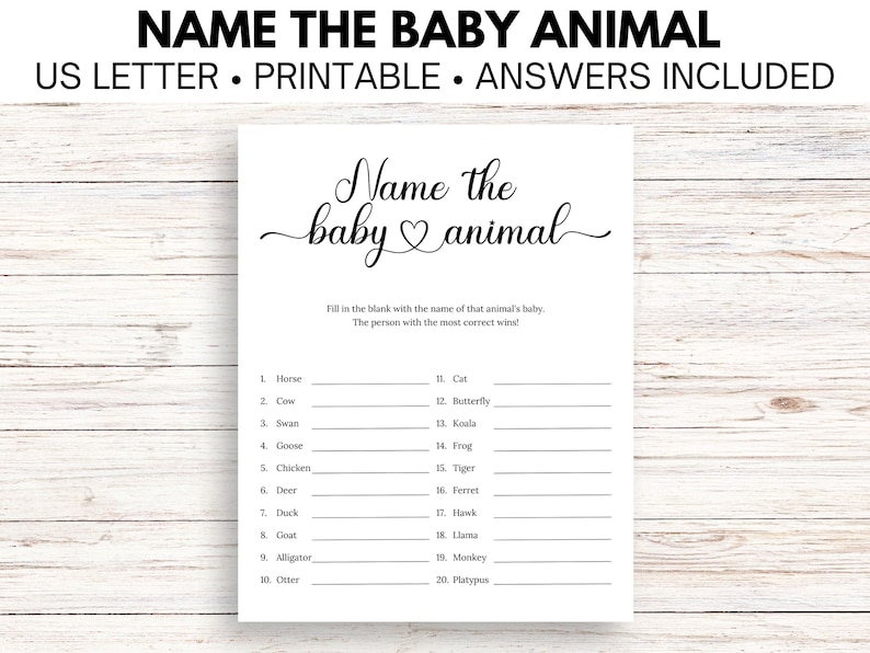 Baby Animal Game, Name the Baby Animal Baby Shower Game Printable - Etsy