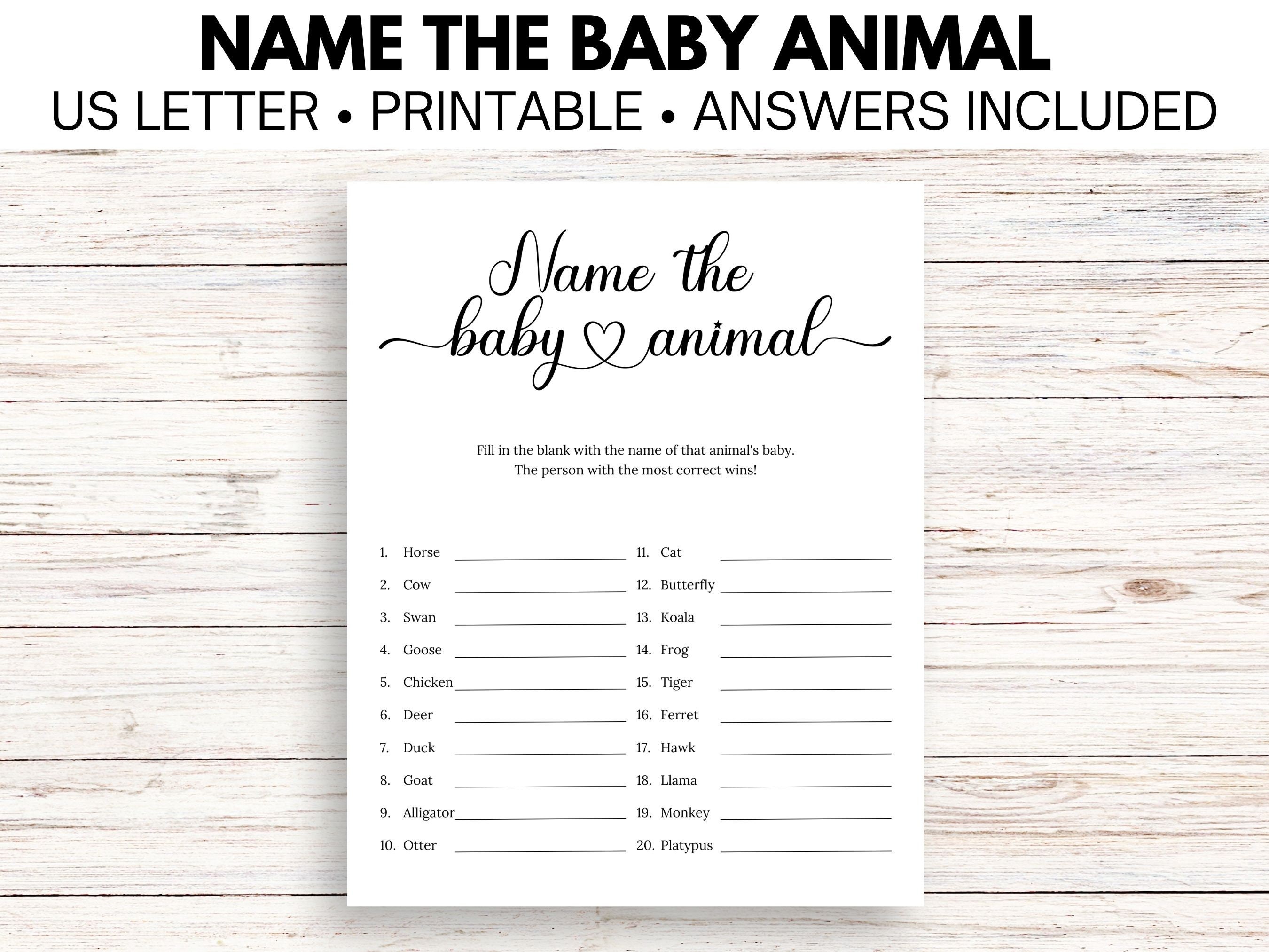 Baby Animal Game, Name the Baby Animal Baby Shower Game Printable - Etsy
