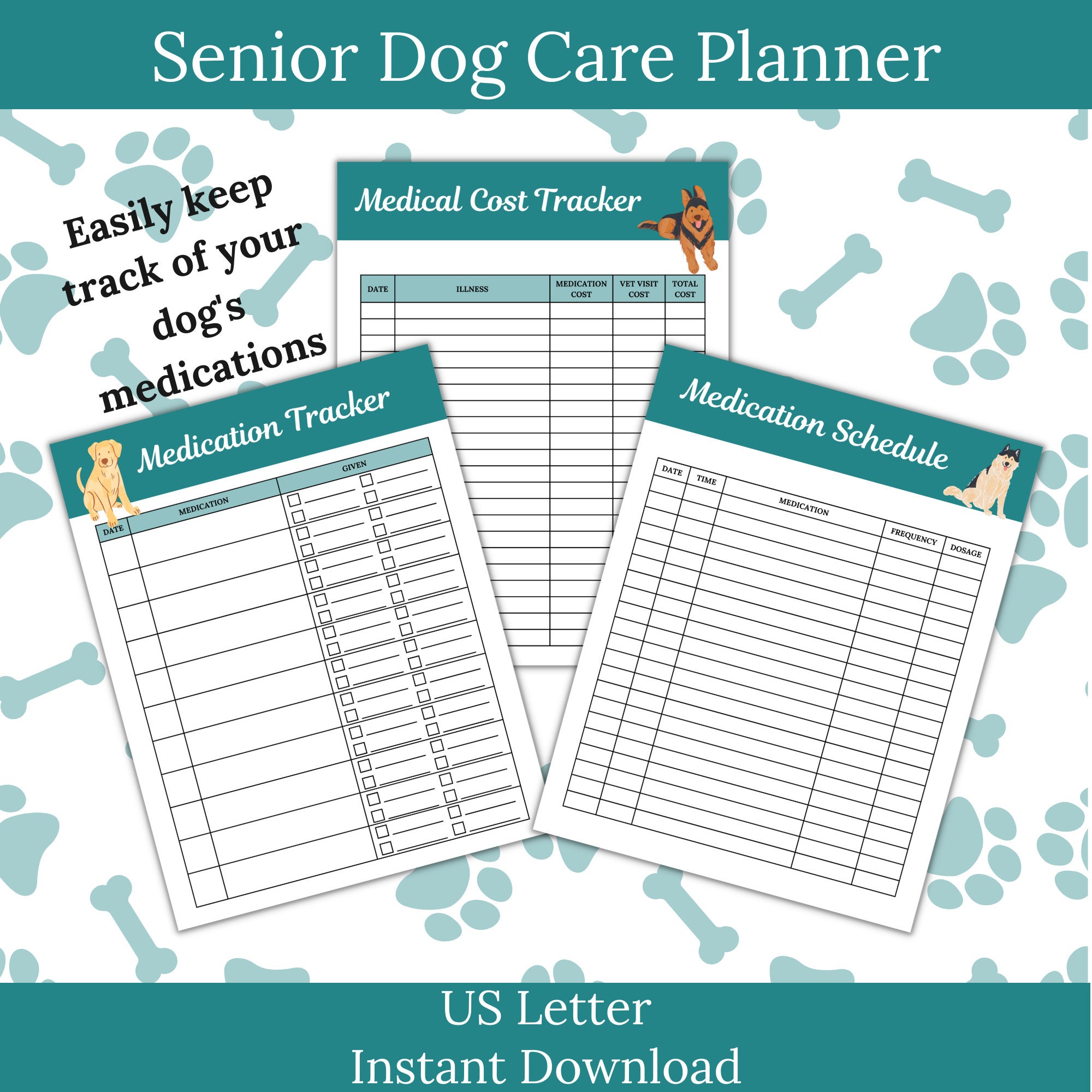 Senior Dog Care Planner, Dog Medical Tracker, Printable Adult Dog Care ...