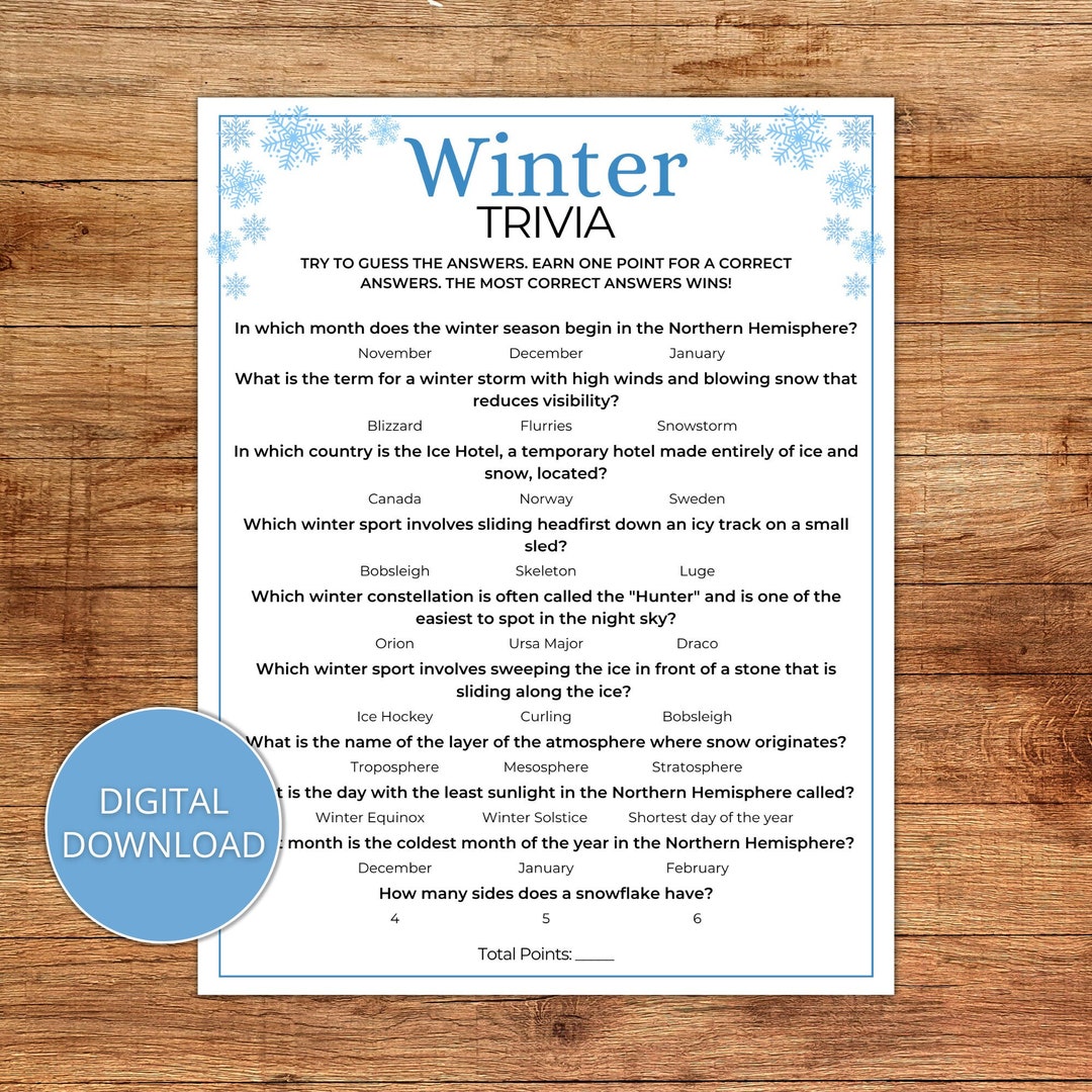 Winter Trivia Game, Winter Printable Game, Instant Download - Etsy