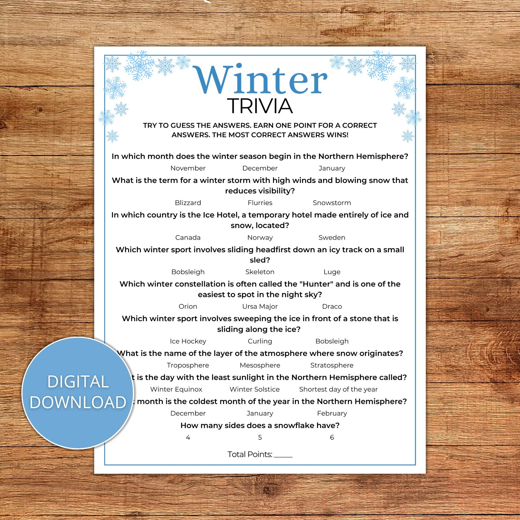 Winter Trivia Game, Winter Printable Game, Instant Download - Etsy