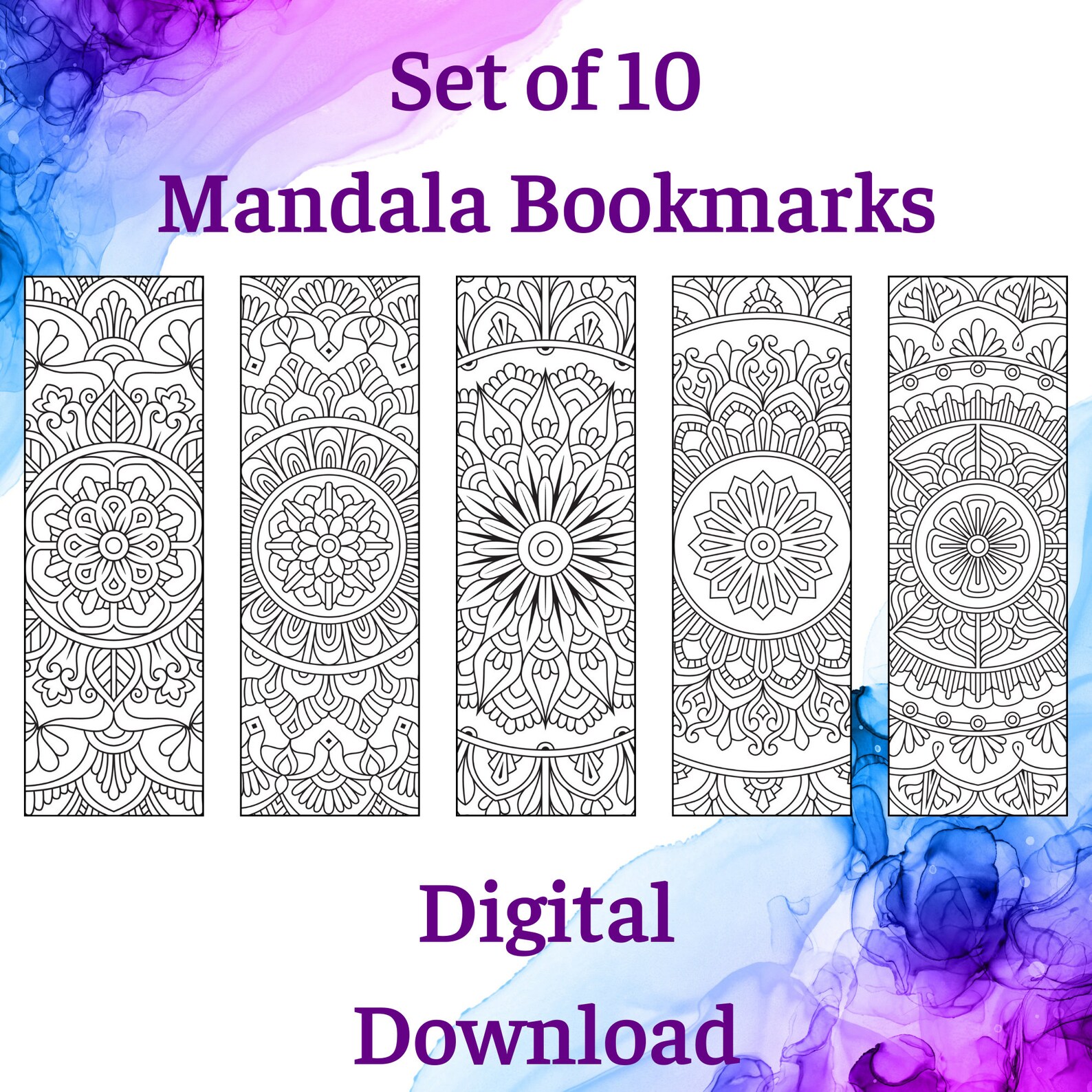 Set of 10 Mandala Bookmarks Coloring Bookmarks Digital | Etsy