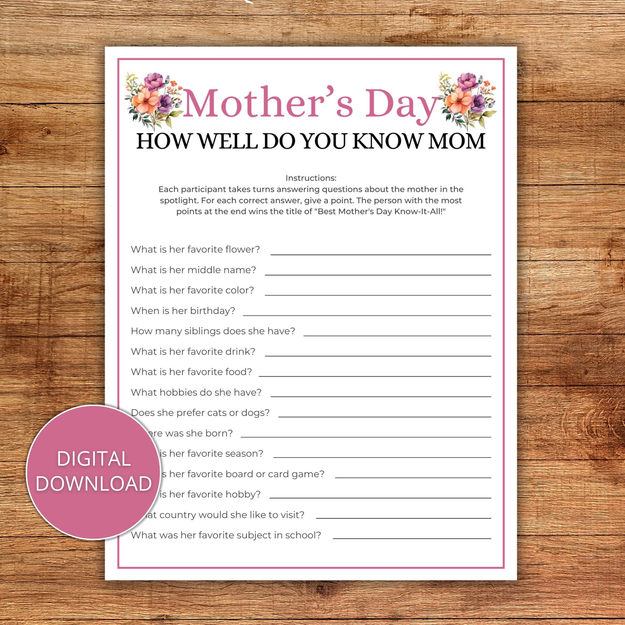 How Well Do You Know Mom, Who Knows Mom the Best, Mother's Day Game ...
