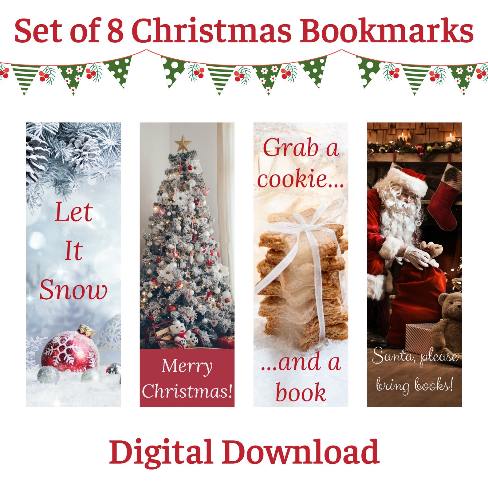 Set of 8 Christmas Bookmarks Holiday Bookmarks Digital - Etsy