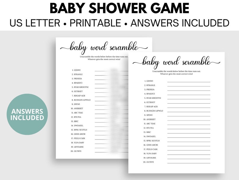 Baby Shower Word Scramble With Answer Key, Baby Shower Word Game, Baby ...