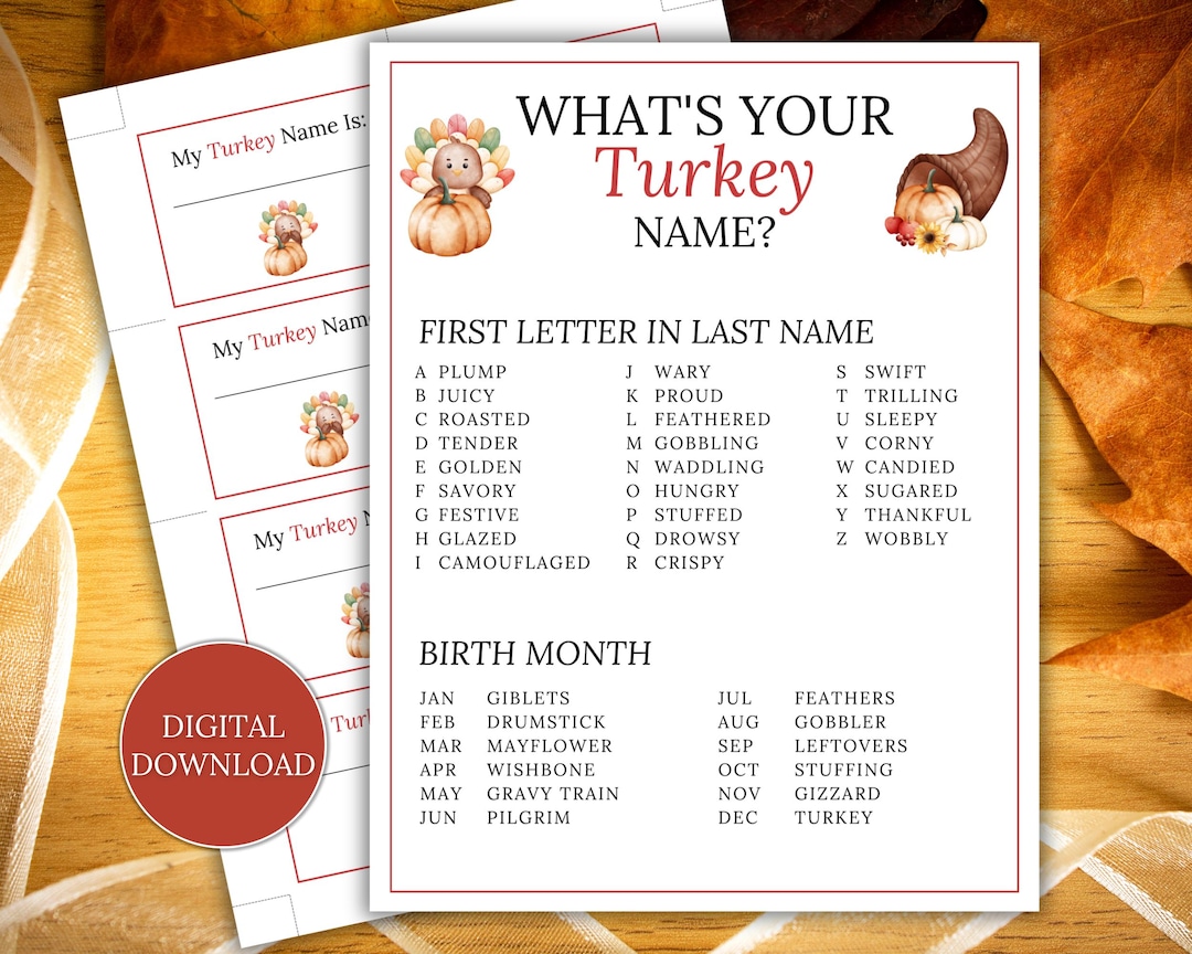 What's Your Turkey Name Game, Thanksgiving Games for Family, Fun ...