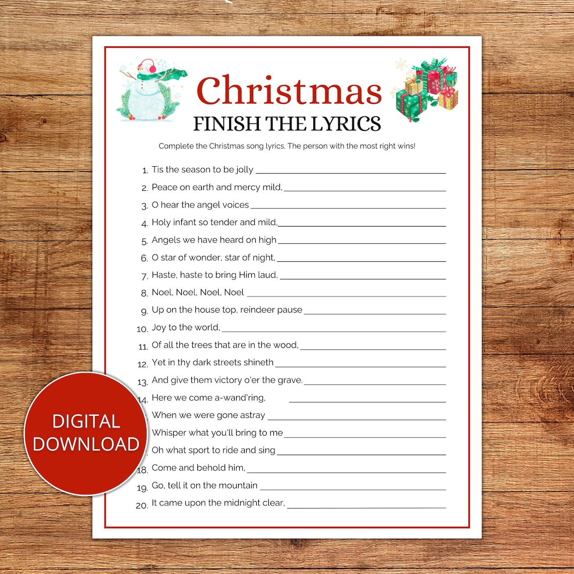 Christmas Finish the Lyrics, Christmas Party Game, Christmas Printable ...