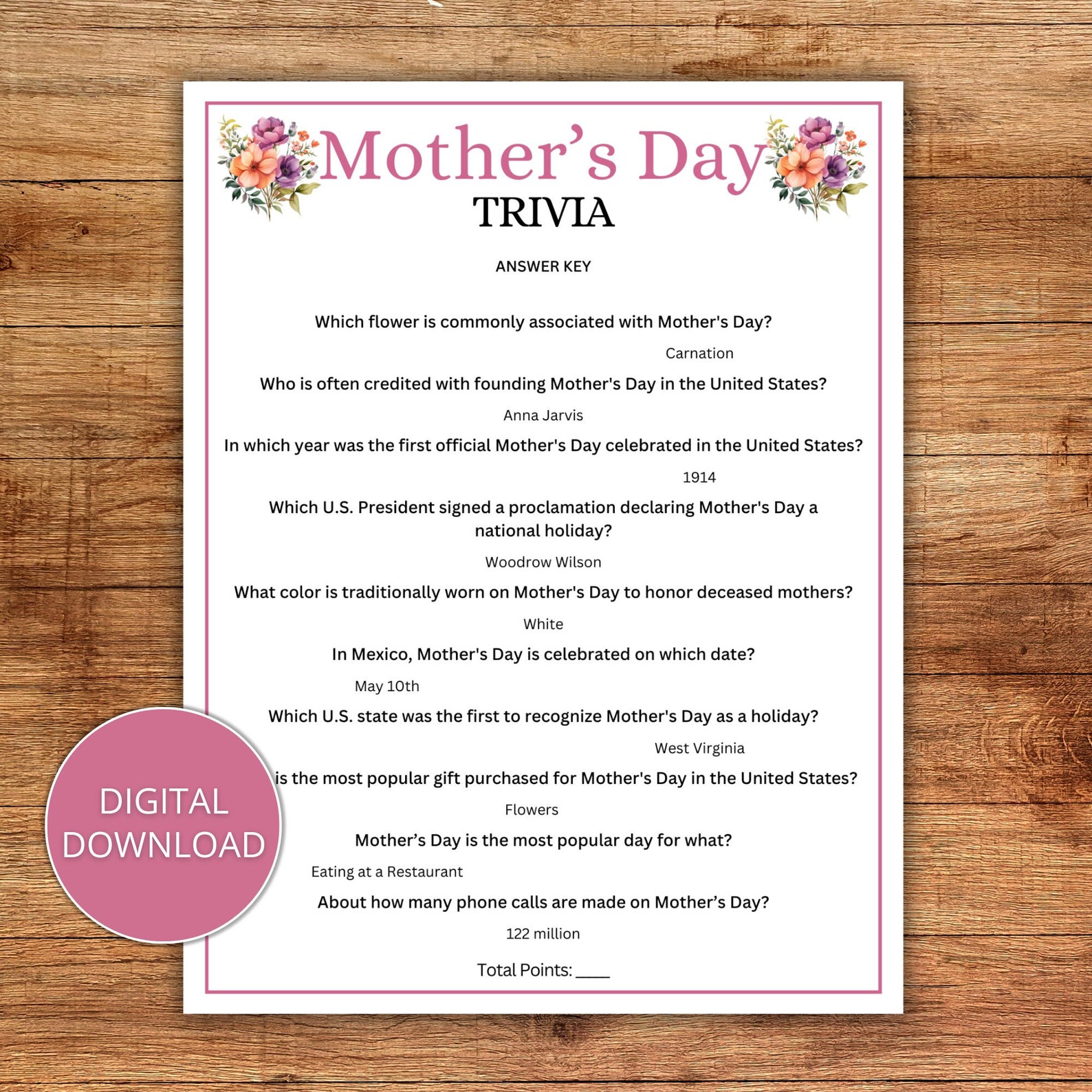 Mother's Day Trivia Game, Mother's Day Game, Mother's Day Group Game ...