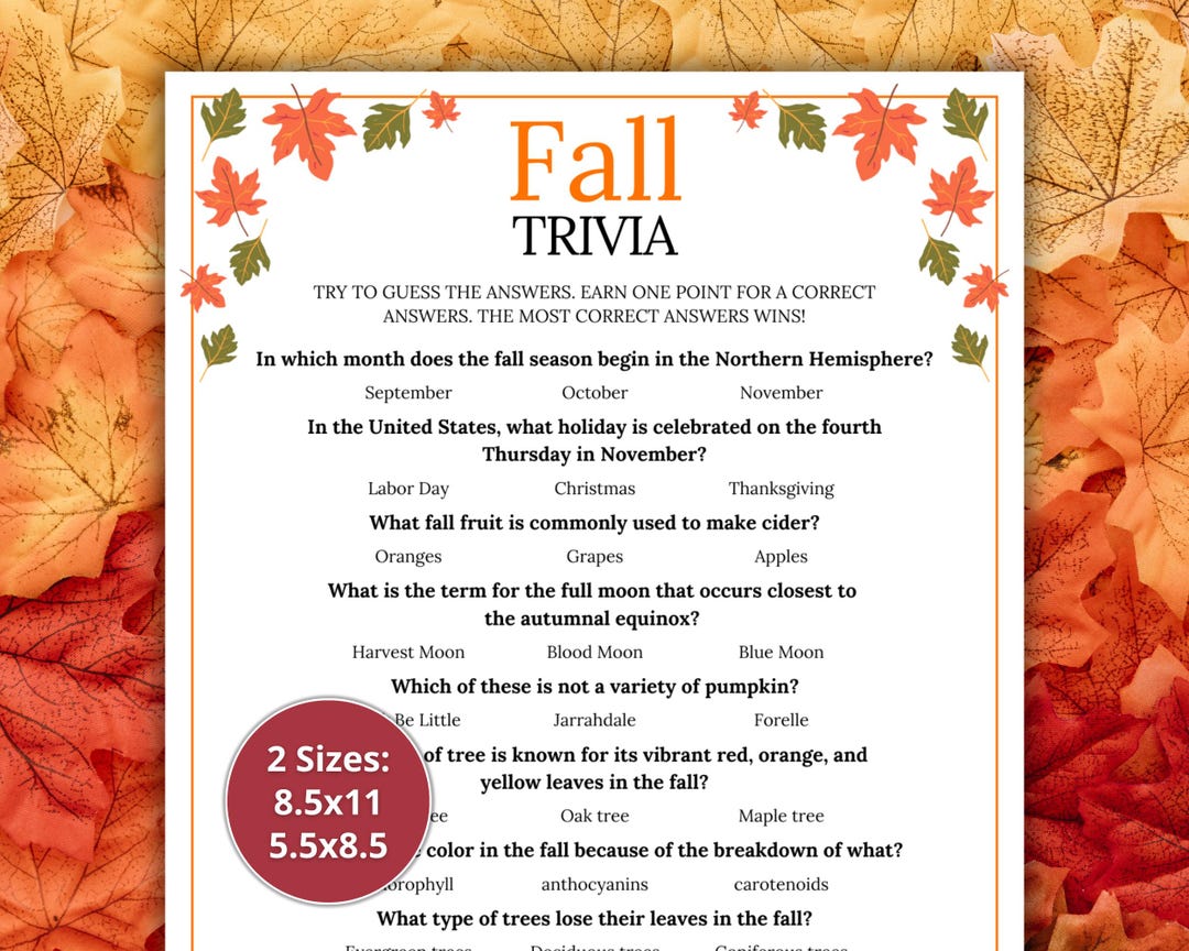 Fall Trivia Game, Autumn Trivia Game, Fall Printable Game, Thanksgiving ...