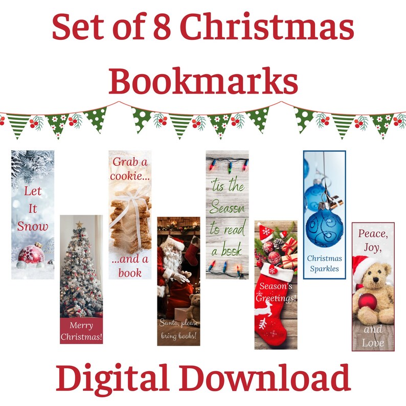 Set of 8 Christmas Bookmarks Holiday Bookmarks Digital - Etsy