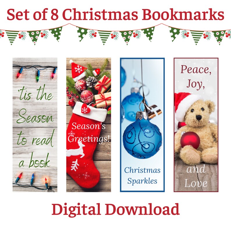 Set of 8 Christmas Bookmarks Holiday Bookmarks Digital - Etsy