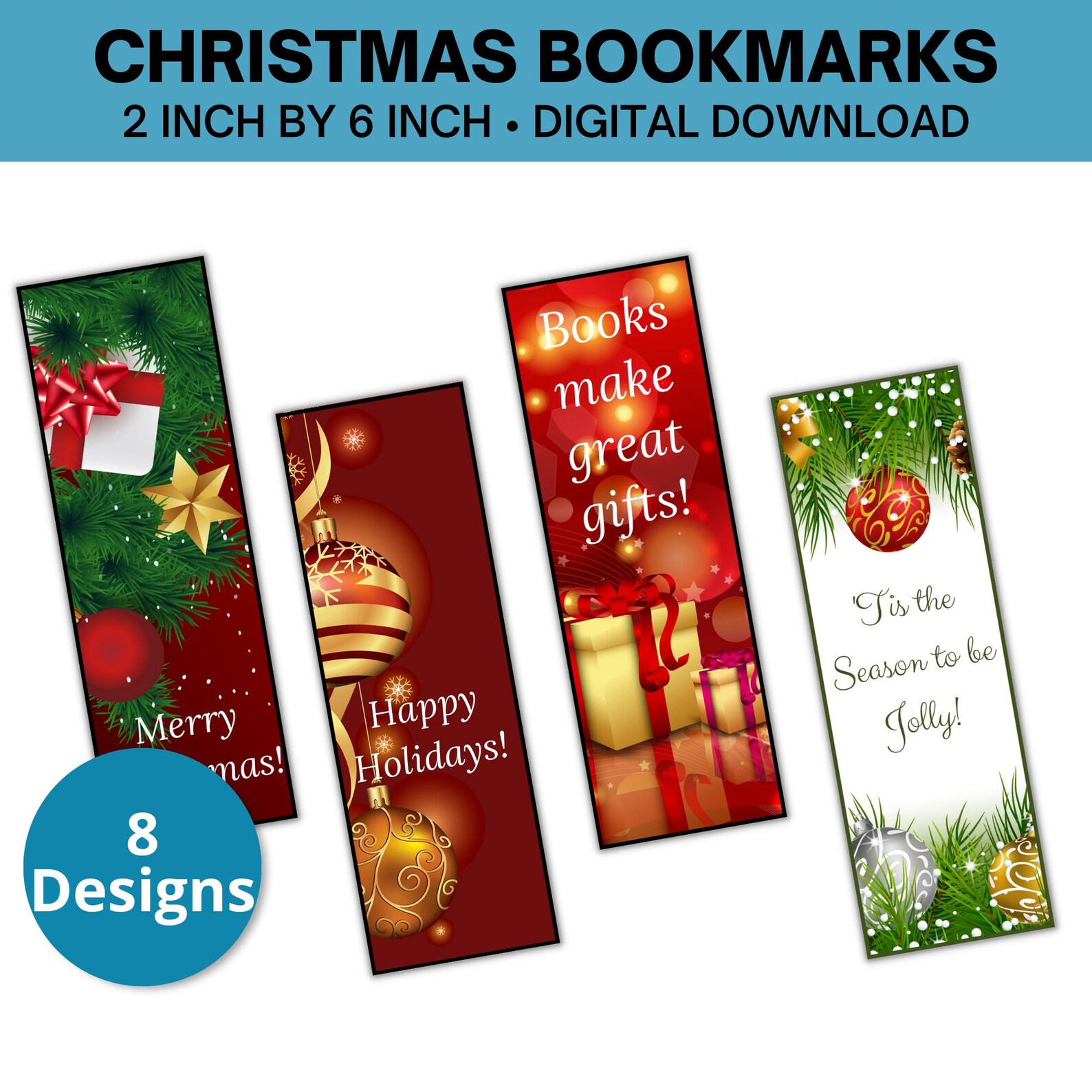 Set of 8 Christmas Bookmarks, Holiday Bookmarks, Digital Bookmarks to ...
