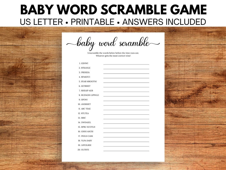 Baby Shower Word Scramble With Answer Key, Baby Shower Word Game, Baby ...