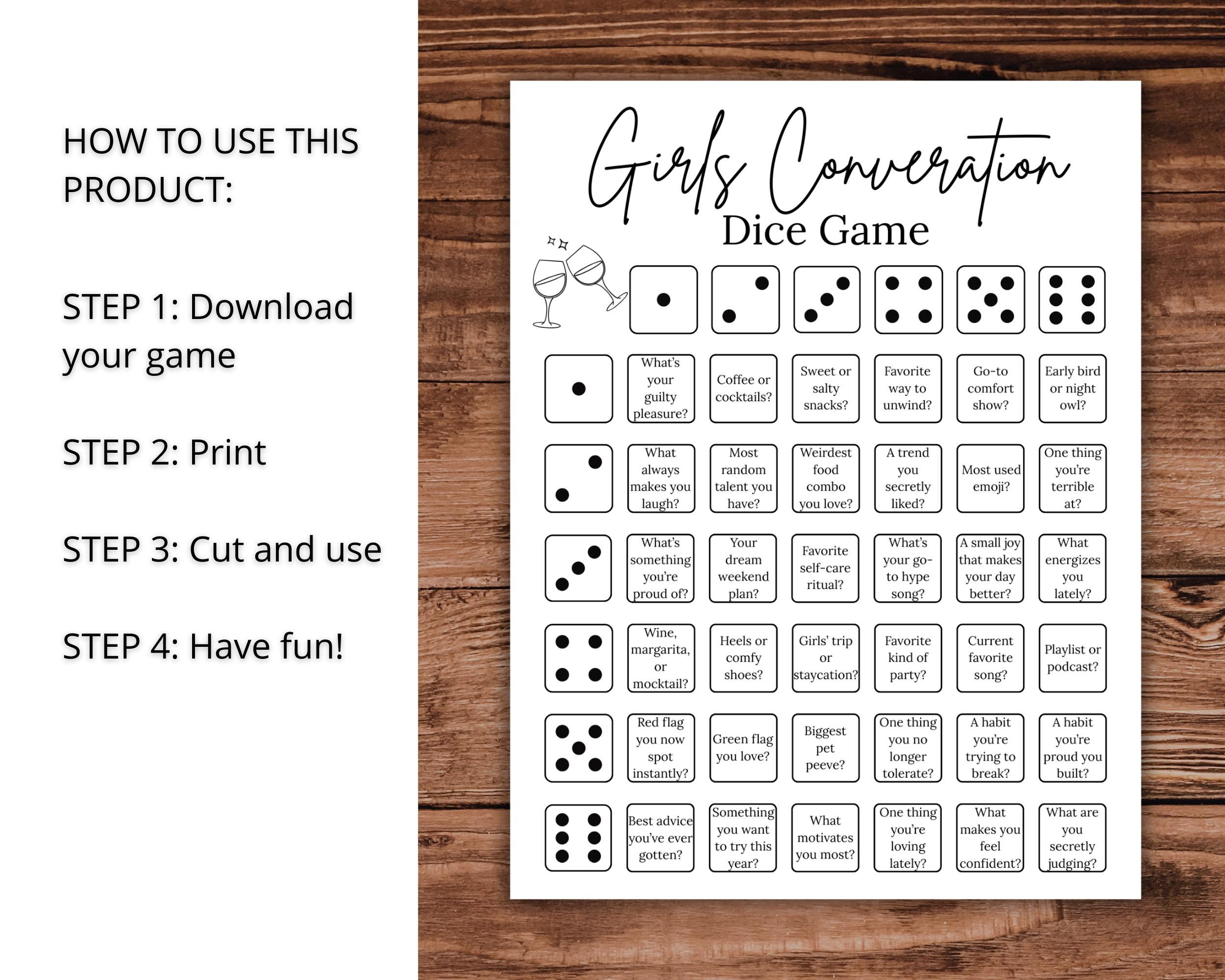 Girls Conversation Dice Game, Ladies Night Game, Girls Night Printable ...