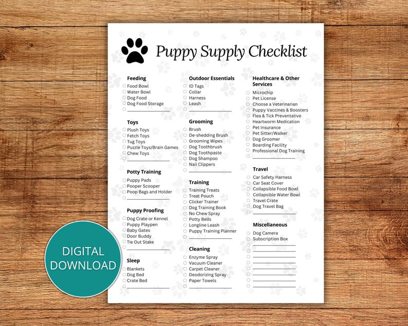 New Puppy Checklist, New Puppy Shopping List, Printable Puppy Checklist ...