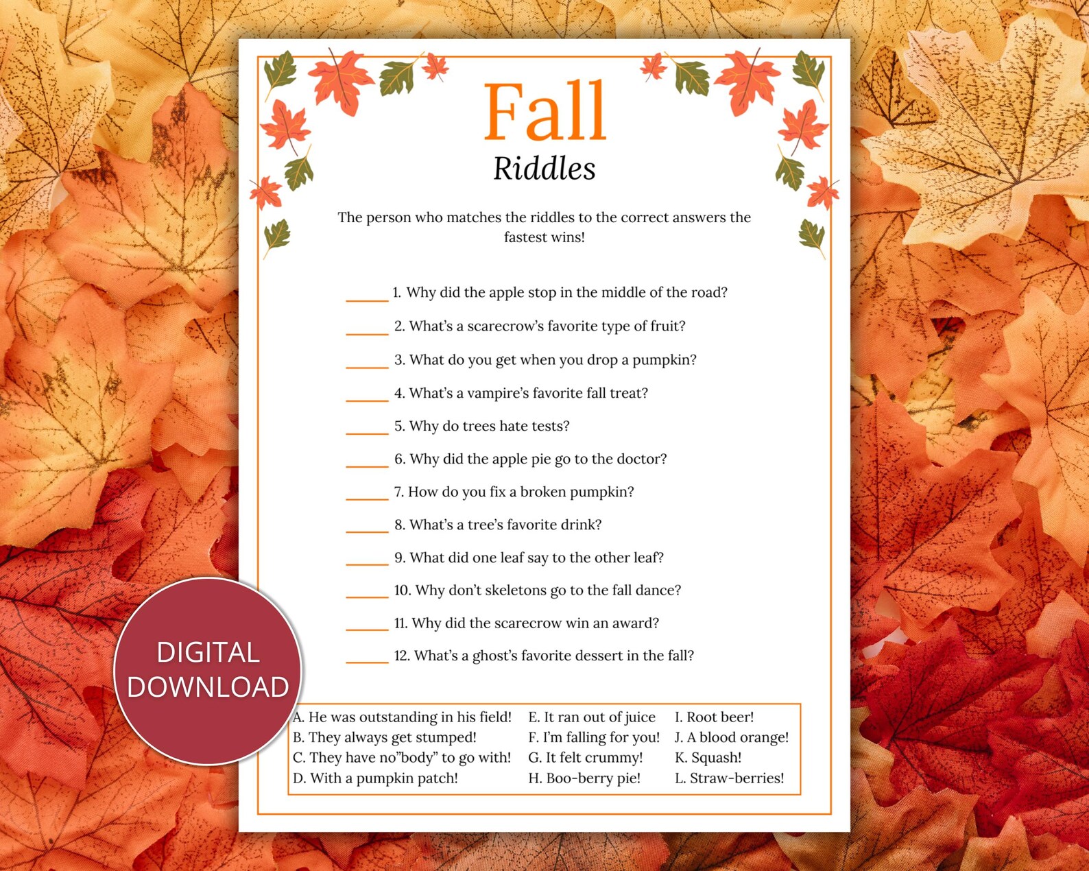 Fall Riddles, Fall Party Game, Fall Activities for Adults and Kids ...