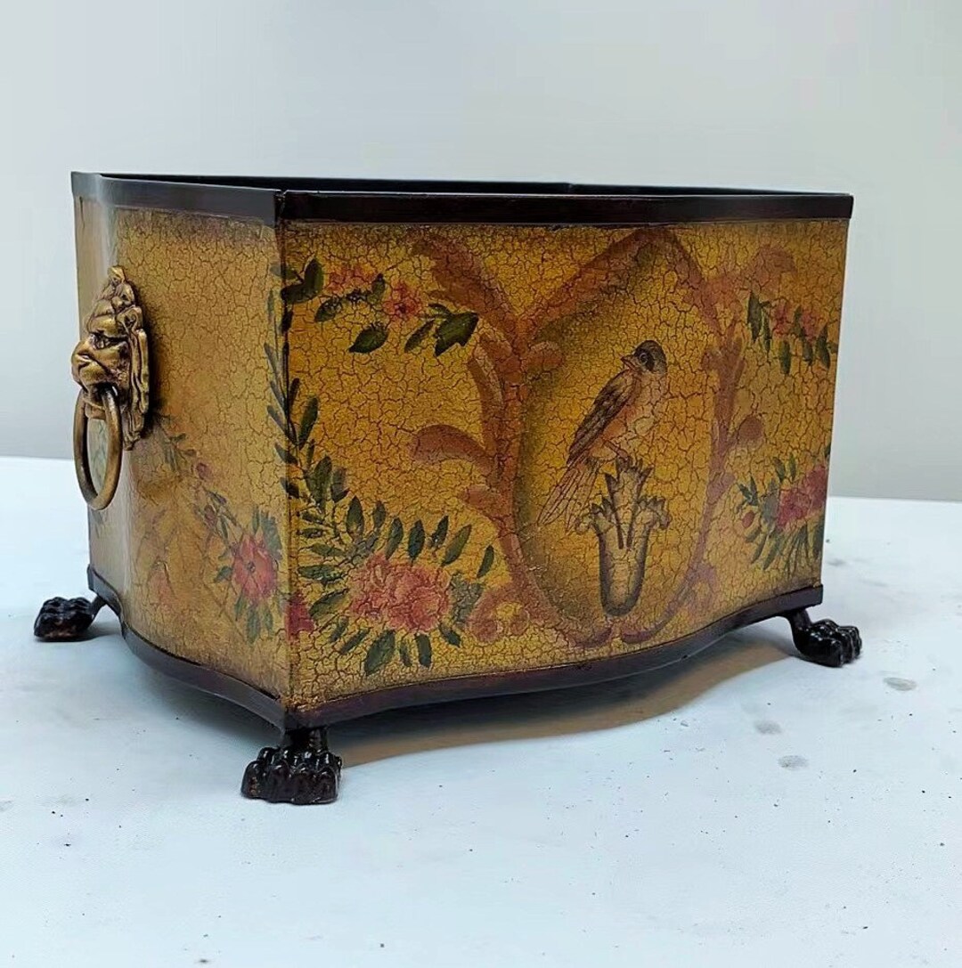 6h Hand-painted Small Tole Bin & Orchid Planter, Yellow and Sparrow ...