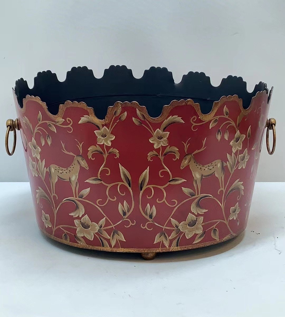 15L Hand-painted Tole Bin & Orchid Planter, Red Pattern - Etsy