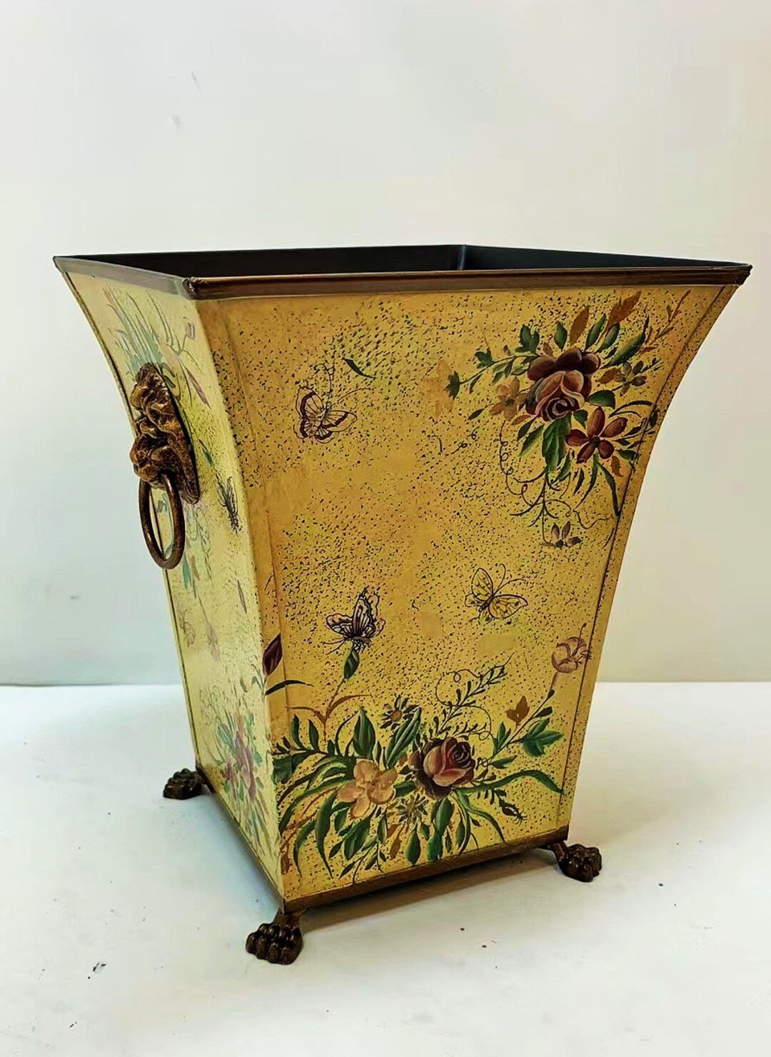 12”H Hand Painted Tole Bin & Orchid Planter, Rose Flowers and ...