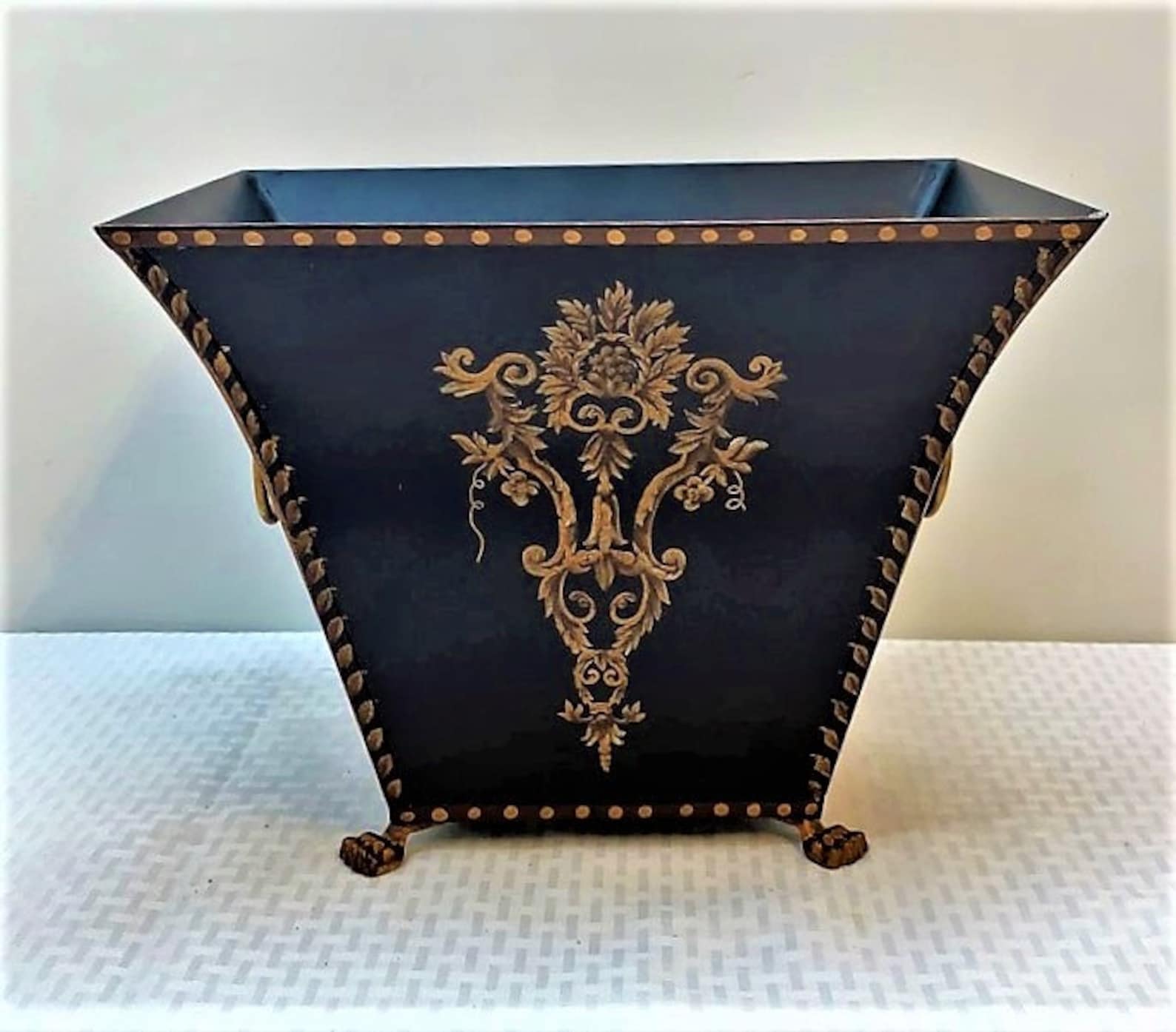 10"h Hand Painted Tole Bin & Orchid Planter, Black and Special Leaves ...