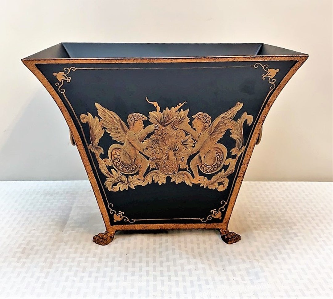 10"h Hand Painted Tole Bin & Orchid Planter, Black and Mythical Figures ...