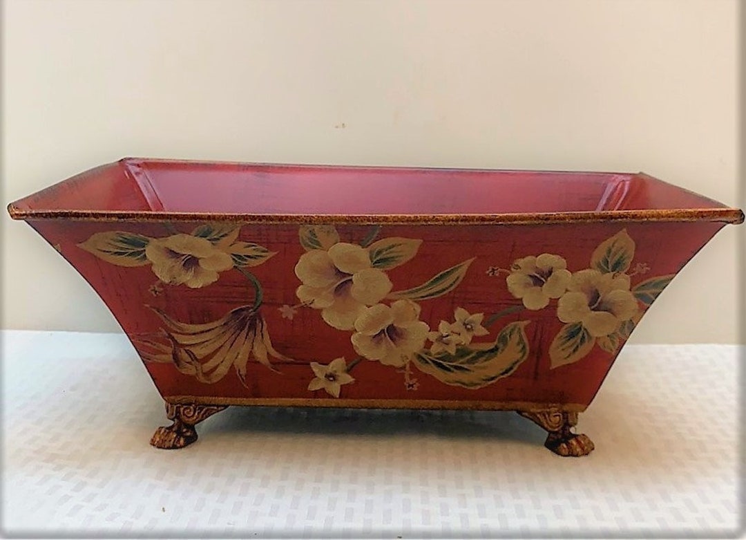 12”L Hand Painted Tole Bin & Orchid Planter, Royal Red and Flowers ...