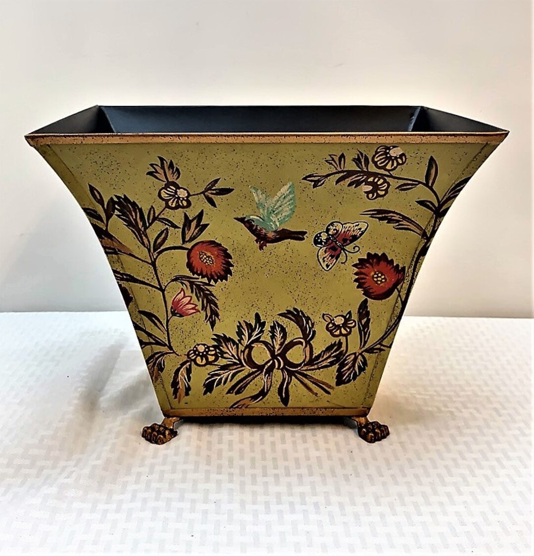 10"h Hand Painted Tole Bin & Orchid Planter, Light Green and Bird ...