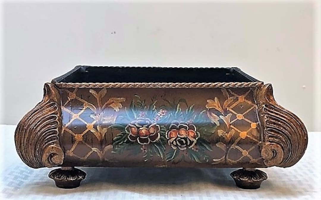 11"l Hand Painted Square Brown Tole Bin & Orchid Planter With Feet - Etsy
