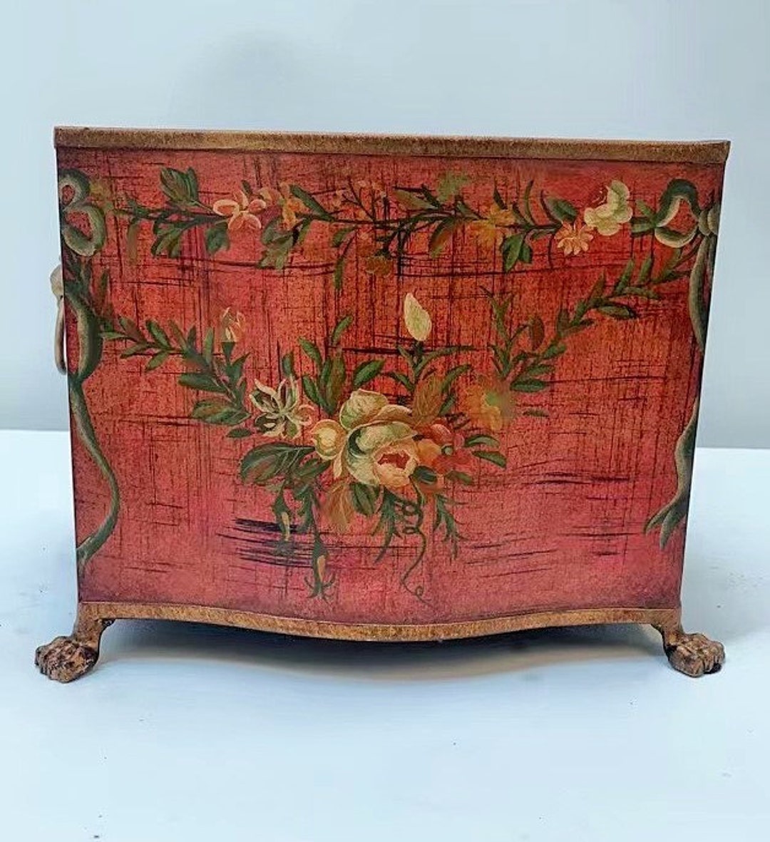 8"h Hand-painted Large Tole Bin & Orchid Planter, Red and Roses Pattern ...