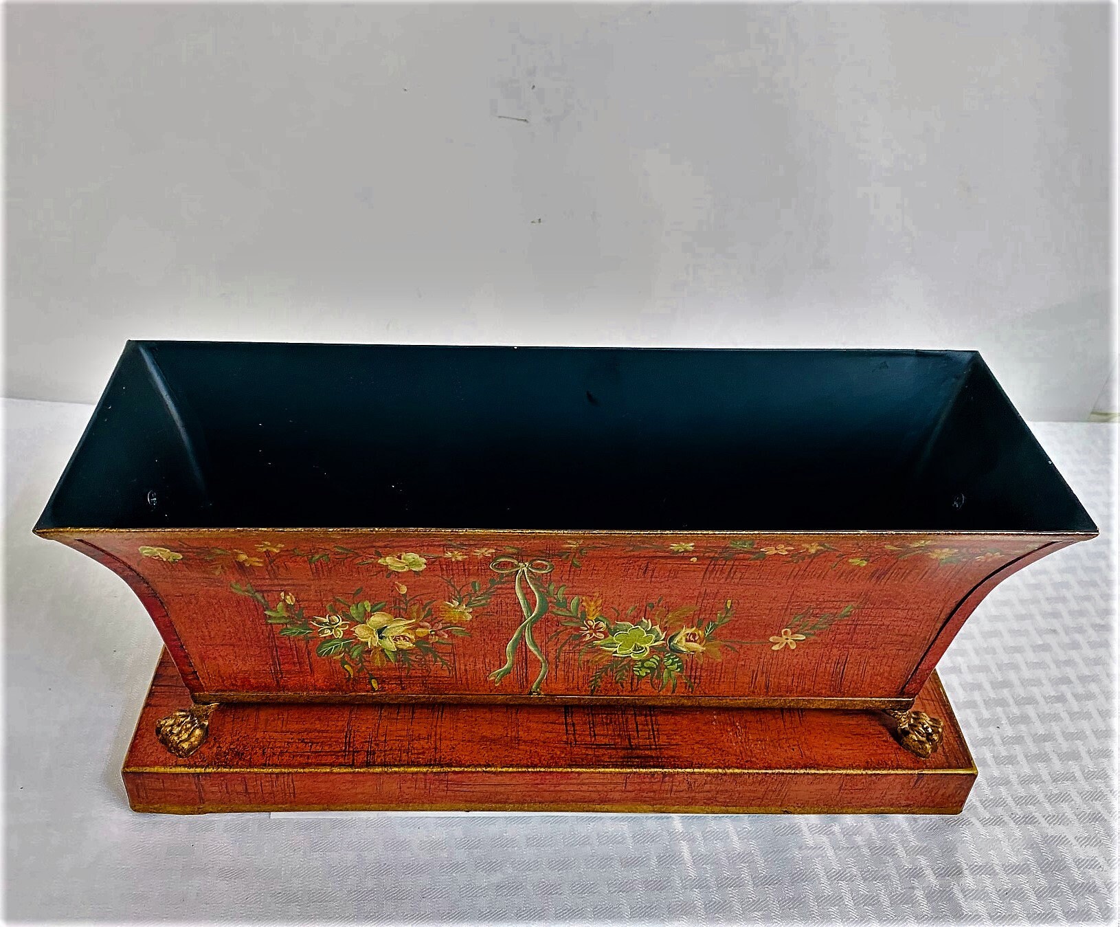 15l Hand Painted Tole Bin & Orchid Planter, With Base and Handle Rings ...