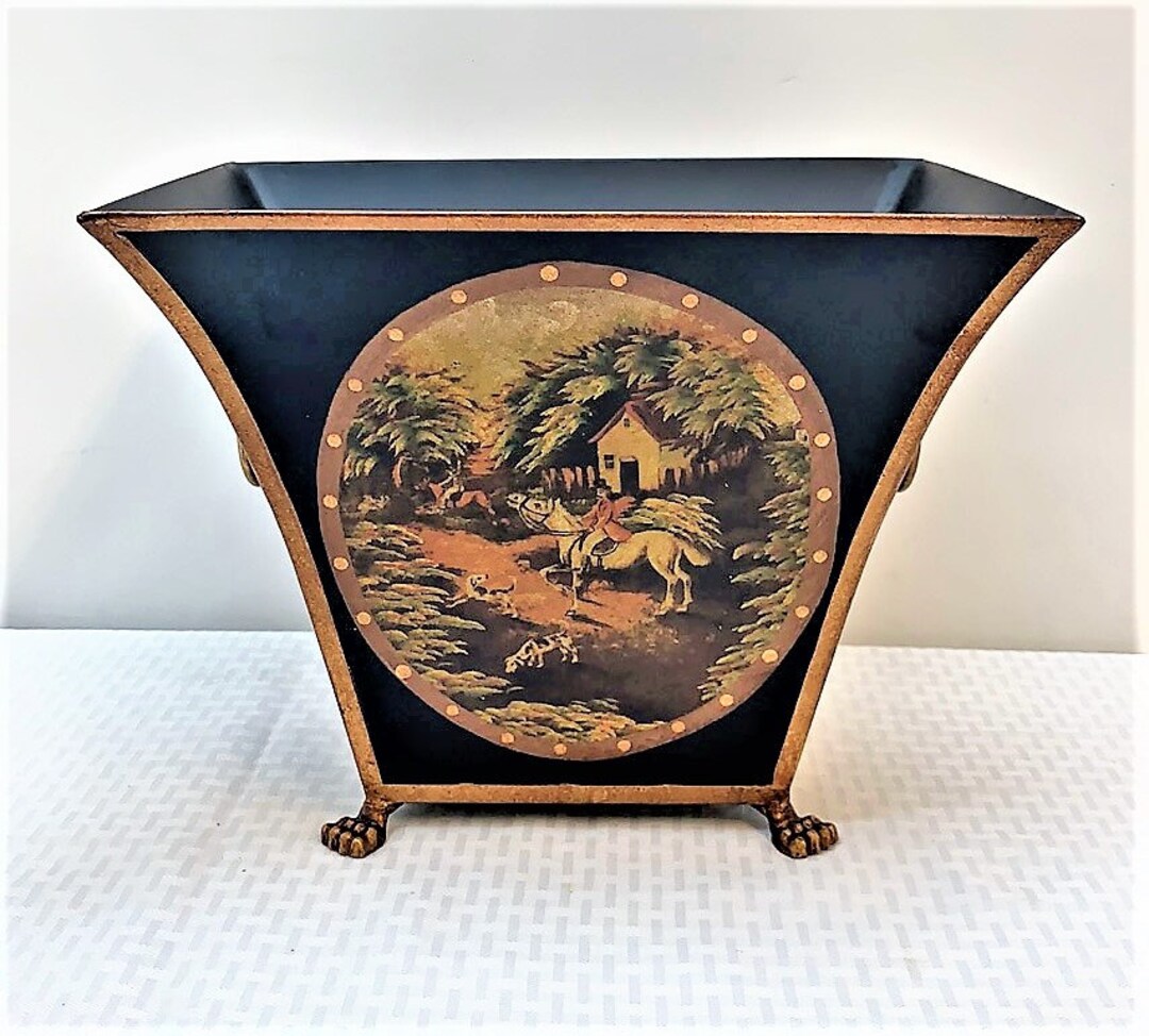 10”H Hand Painted Tole Bin & Orchid Planter, Black Scene Pattern - Etsy