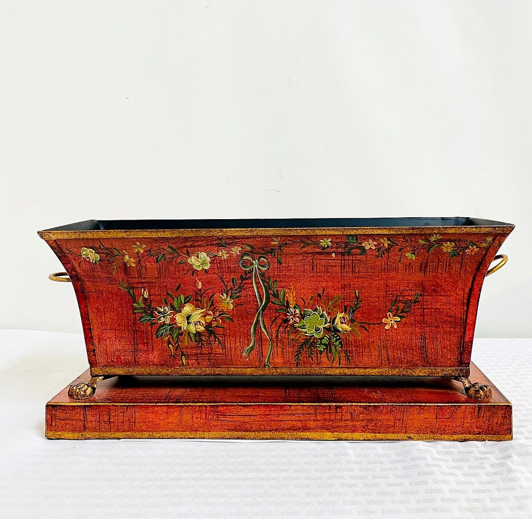 15l Hand Painted Tole Bin & Orchid Planter, With Base and Handle Rings ...