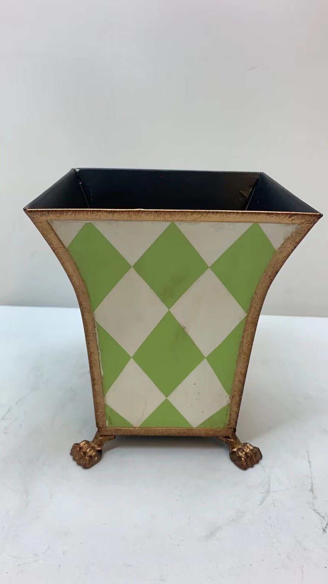 7''H Hand-painted Green and White Harlequin Tole Bin & Orchid Planter ...