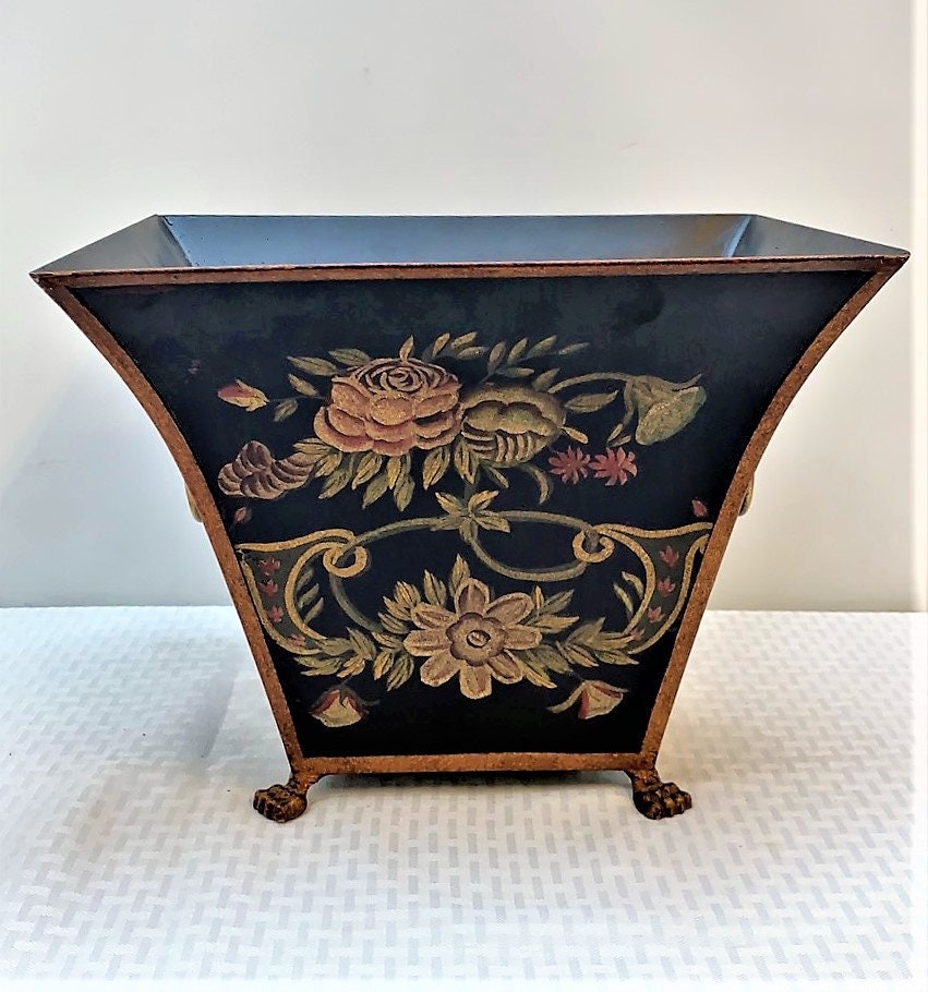 10h Hand Painted Tole Bin & Orchid Planter Black and - Etsy