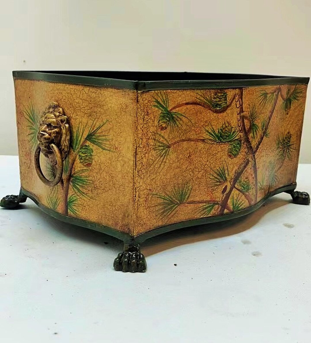 10"w Hand-painted Tole Bin & Orchid Planter, Pine Pattern - Etsy