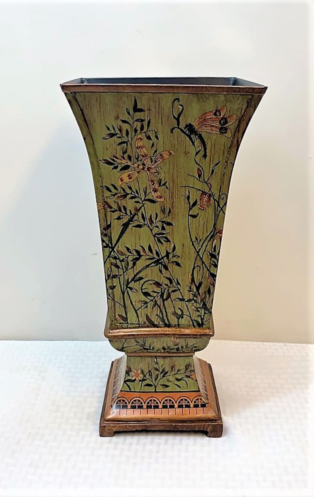 16"h Hand Painted Tole Bin & Orchid Planter, Green and Plants Pattern ...