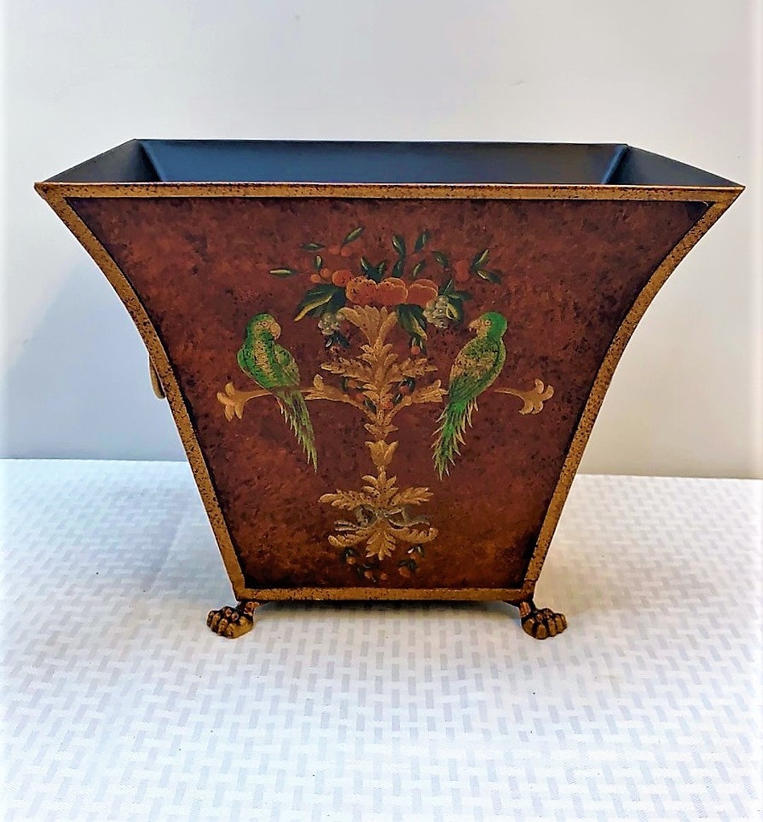 10"h Hand Painted Tole Bin & Orchid Planter, Brown and Parrot Pattern ...